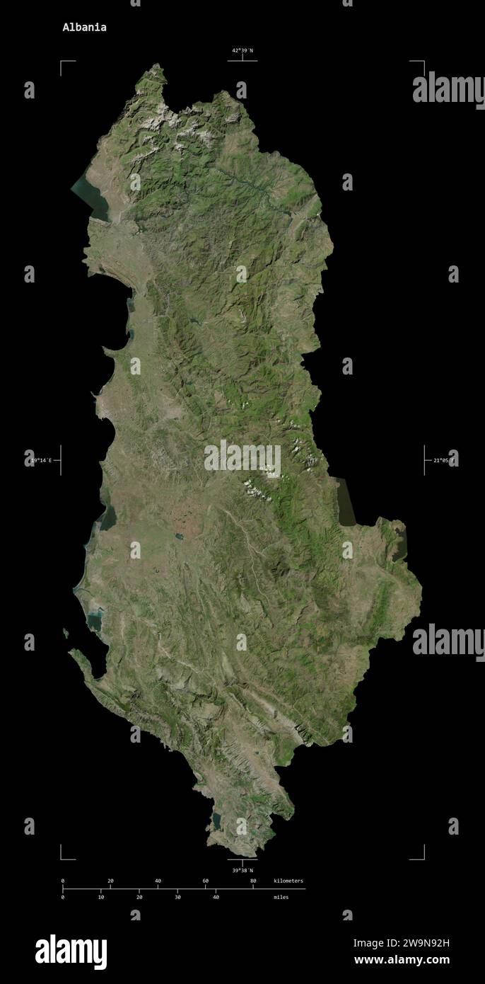 Shape of a high resolution satellite map of the Albania, with distance scale and map border ...