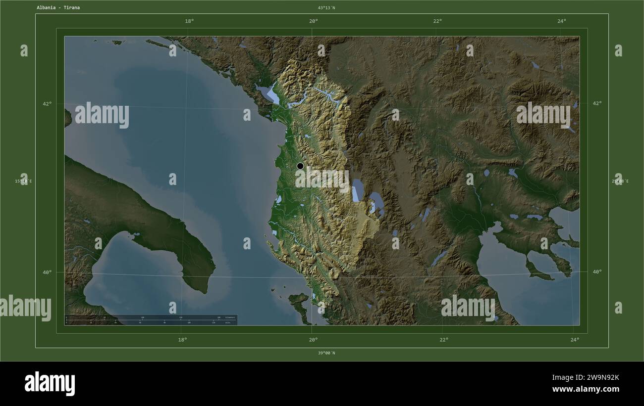 Albania highlighted on a Pale colored elevation map with lakes and rivers map with the country's ...