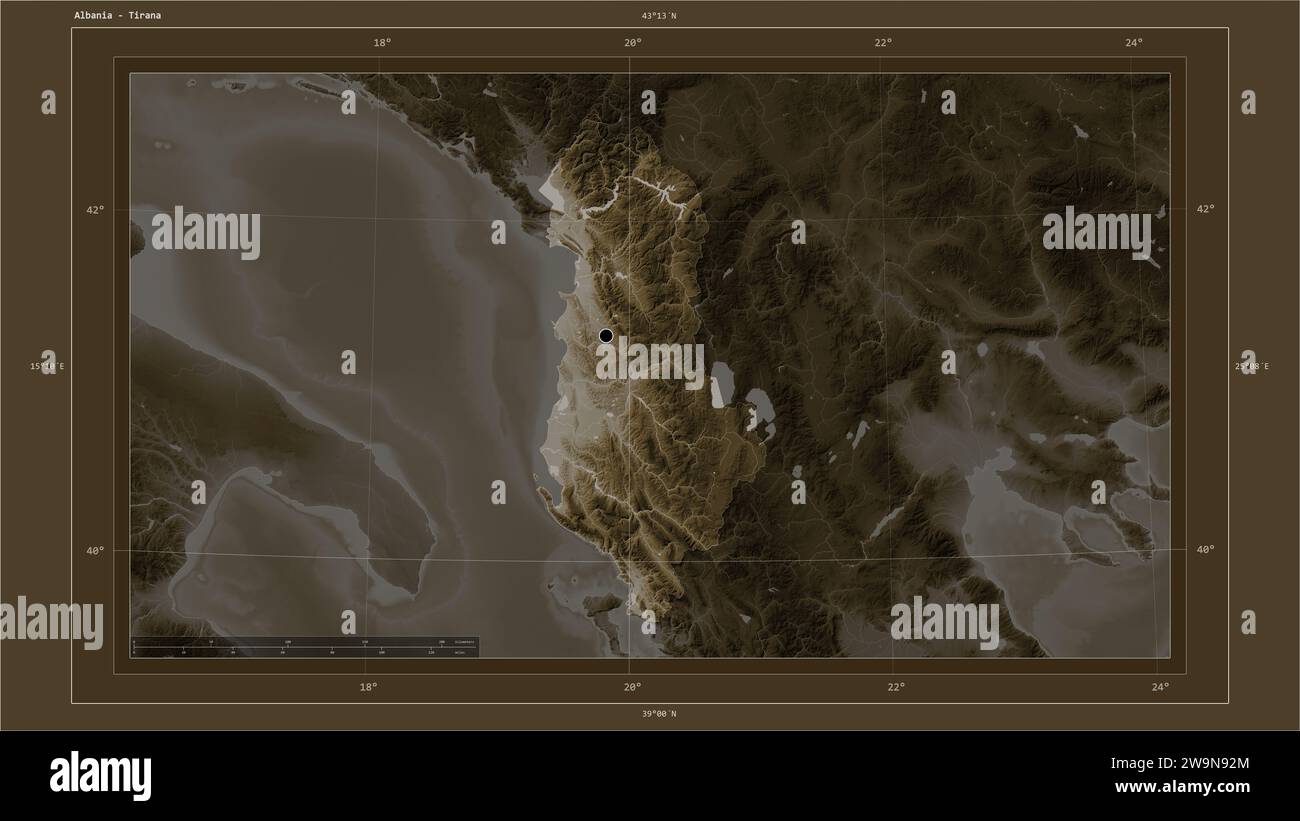 Albania highlighted on a elevation map colored in sepia tones with lakes and rivers map with the ...
