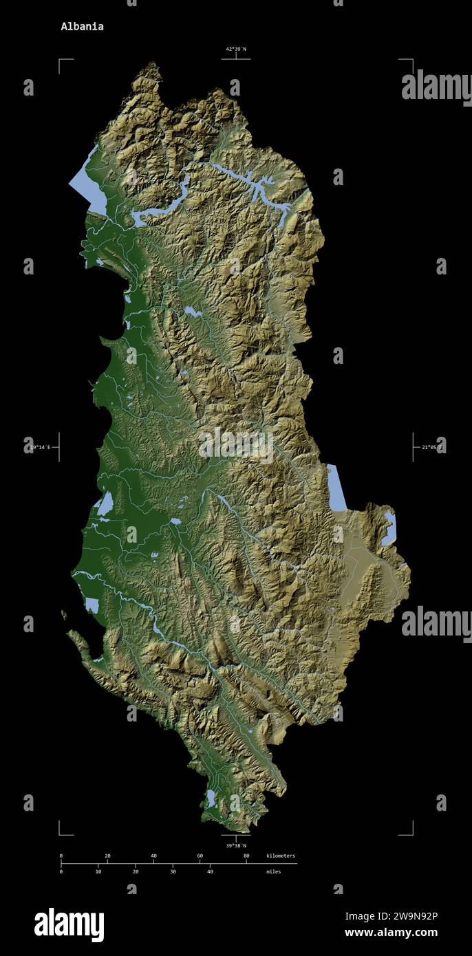 Shape of a Pale colored elevation map with lakes and rivers of the Albania, with distance scale ...