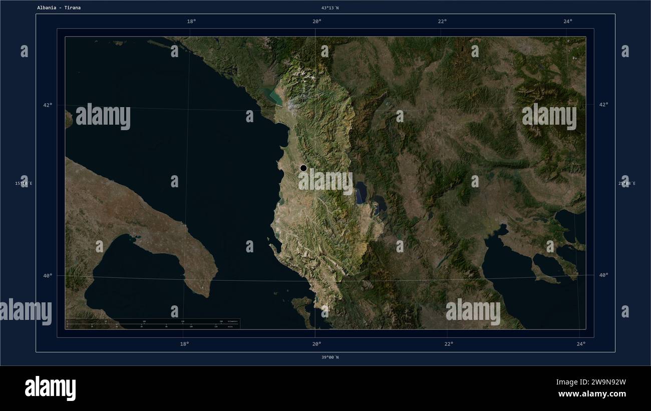 Albania highlighted on a low resolution satellite map map with the country's capital point ...