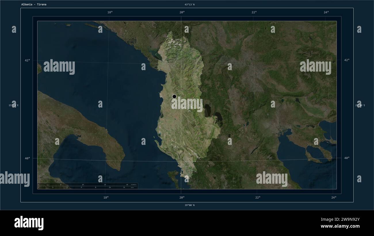 Albania highlighted on a high resolution satellite map map with the country's capital point ...