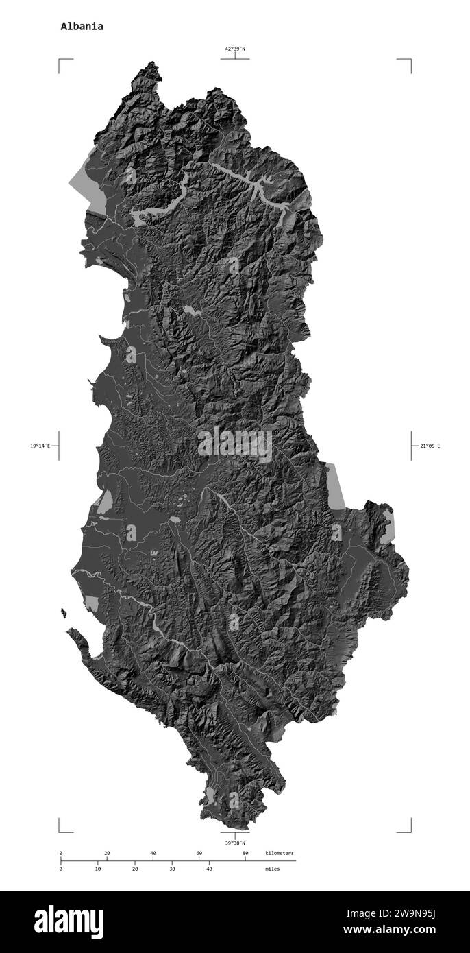 Shape of a Bilevel elevation map with lakes and rivers of the Albania, with distance scale and ...