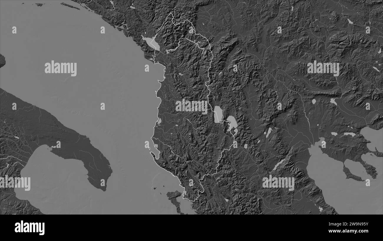 Albania outlined on a Bilevel elevation map with lakes and rivers Stock ...