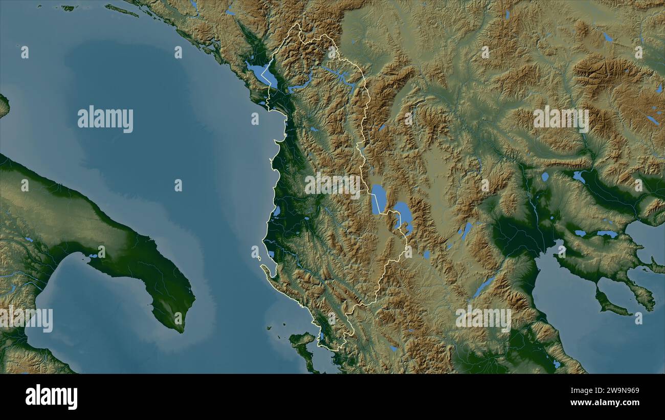 Albania outlined on a Colored elevation map with lakes and rivers Stock ...