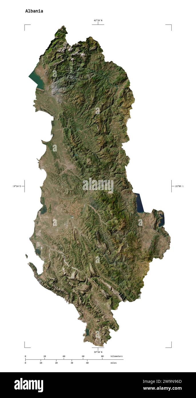 Shape of a low resolution satellite map of the Albania, with distance scale and map border ...