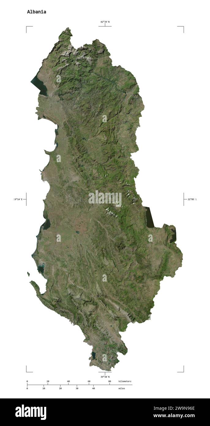 Shape of a high resolution satellite map of the Albania, with distance scale and map border ...