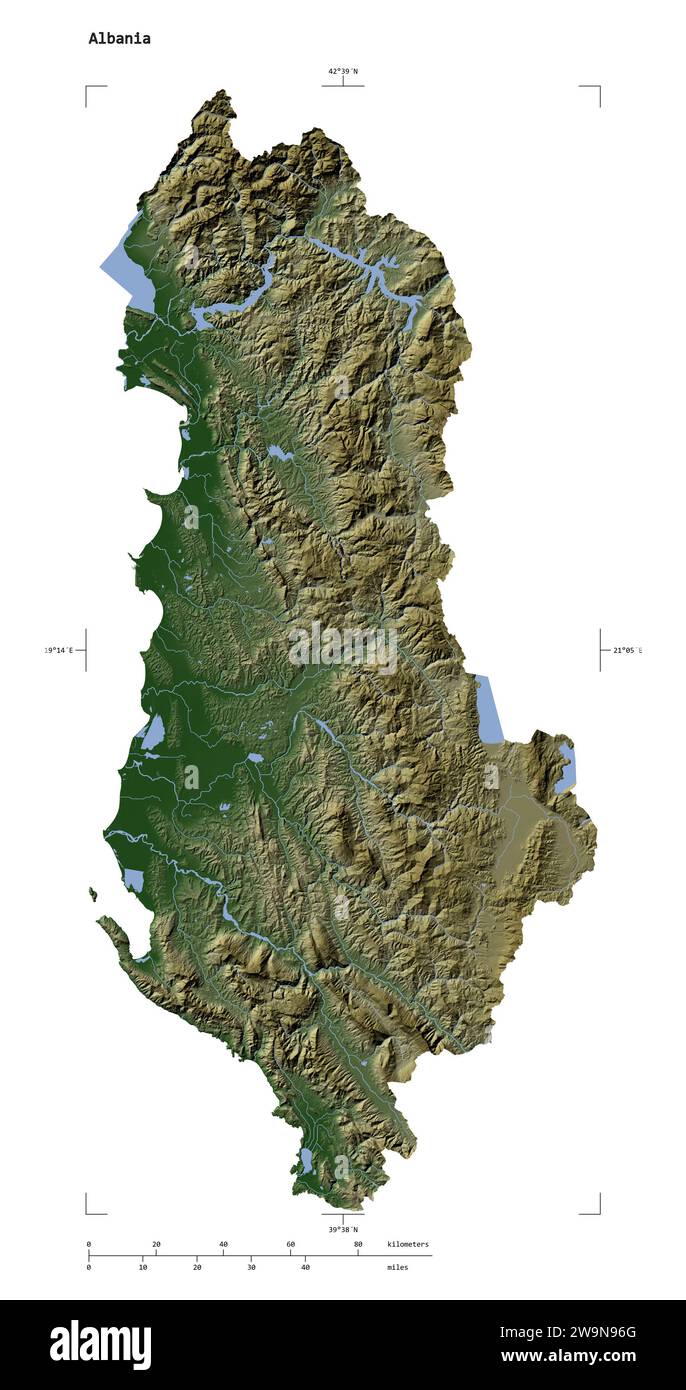Shape of a Pale colored elevation map with lakes and rivers of the Albania, with distance scale ...