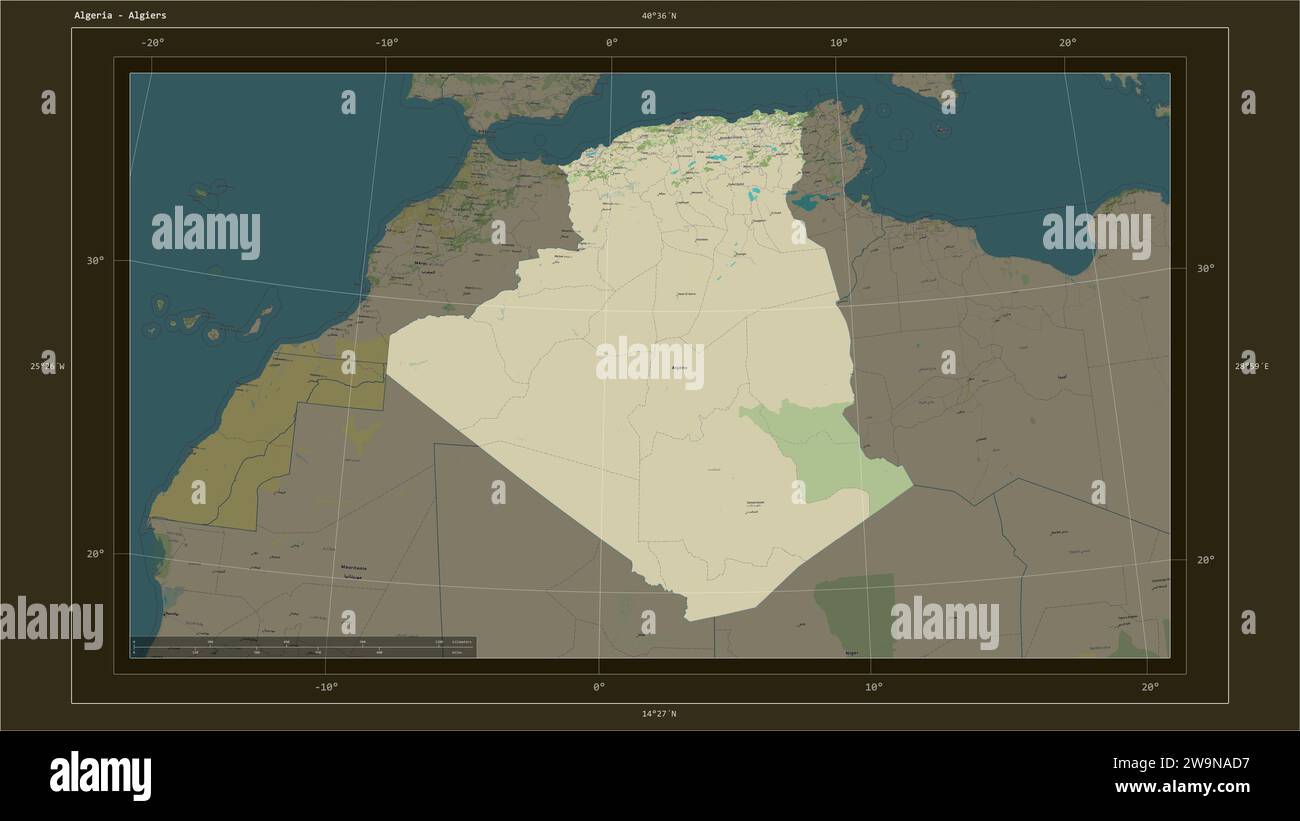 Algeria highlighted on a topographic, OSM Humanitarian style map map ...