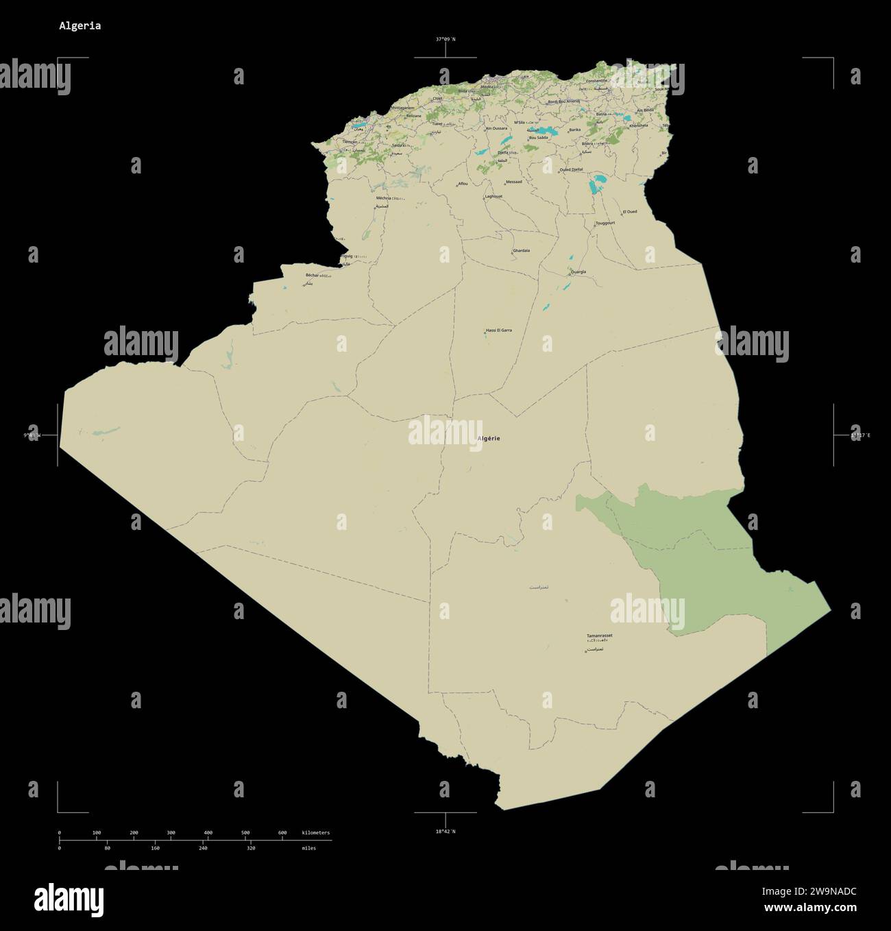 Shape of a topographic, OSM Humanitarian style map of the Algeria, with ...
