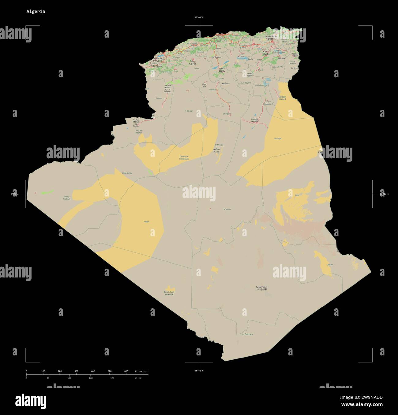 Shape of a topographic, OSM Germany style map of the Algeria, with distance scale and map border ...
