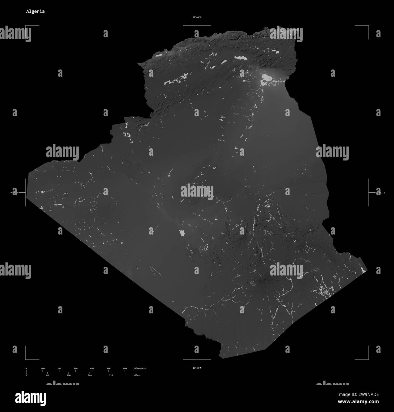 Shape of a Grayscale elevation map with lakes and rivers of the Algeria ...