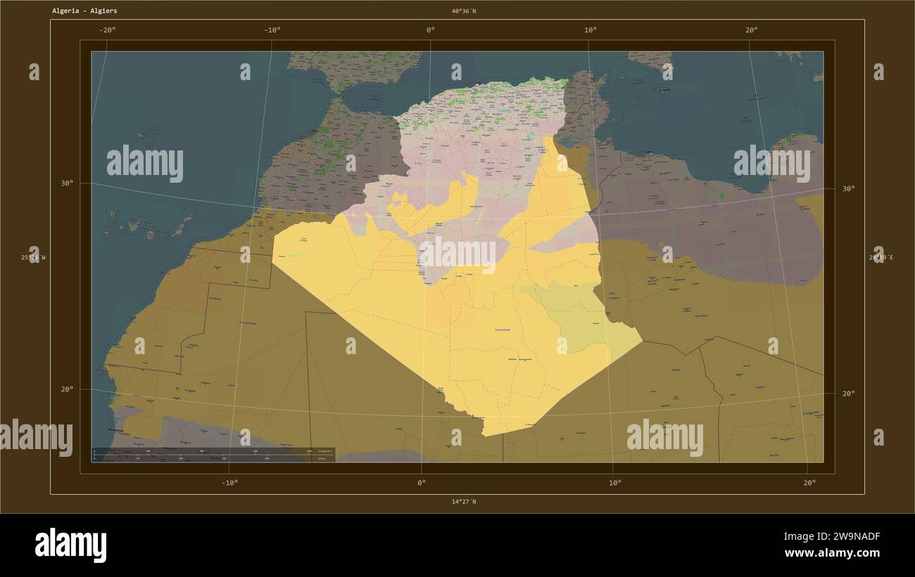 Algeria highlighted on a topographic, OSM France style map map with the ...