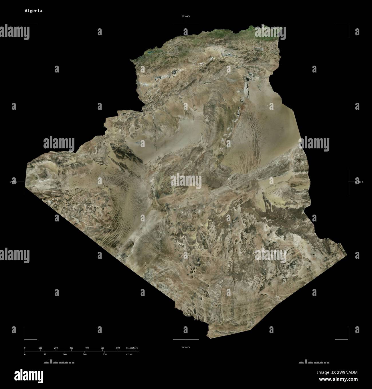 Shape of a high resolution satellite map of the Algeria, with distance ...