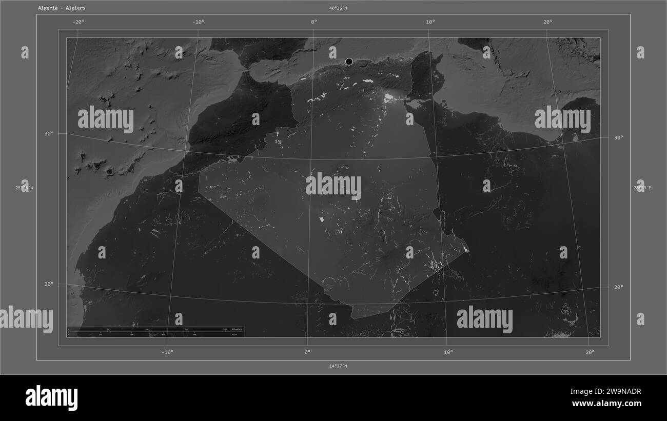 Algeria highlighted on a Grayscale elevation map with lakes and rivers ...