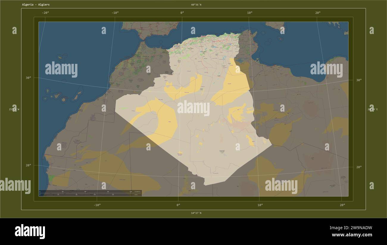 Algeria highlighted on a topographic, OSM standard style map map with the country's capital ...
