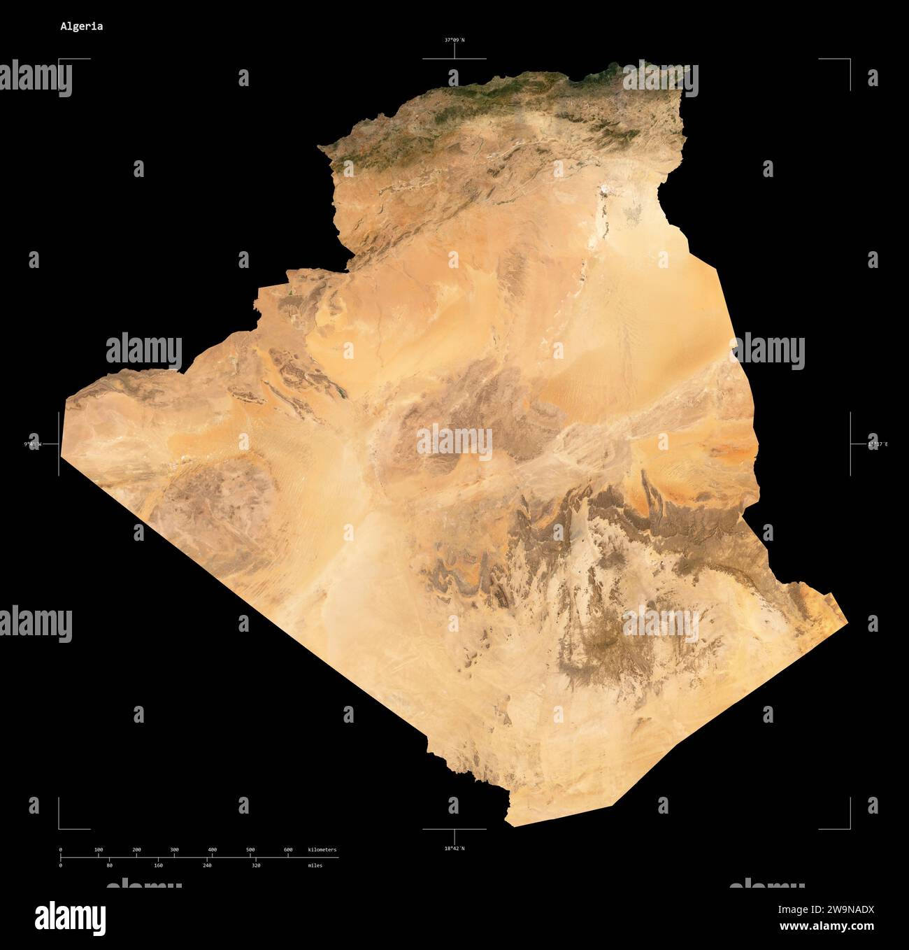 Shape of a low resolution satellite map of the Algeria, with distance scale and map border ...