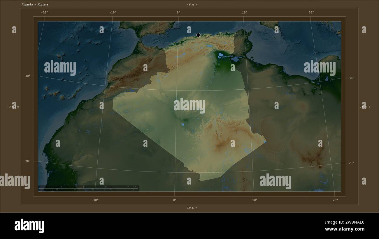 Algeria highlighted on a Colored elevation map with lakes and rivers ...