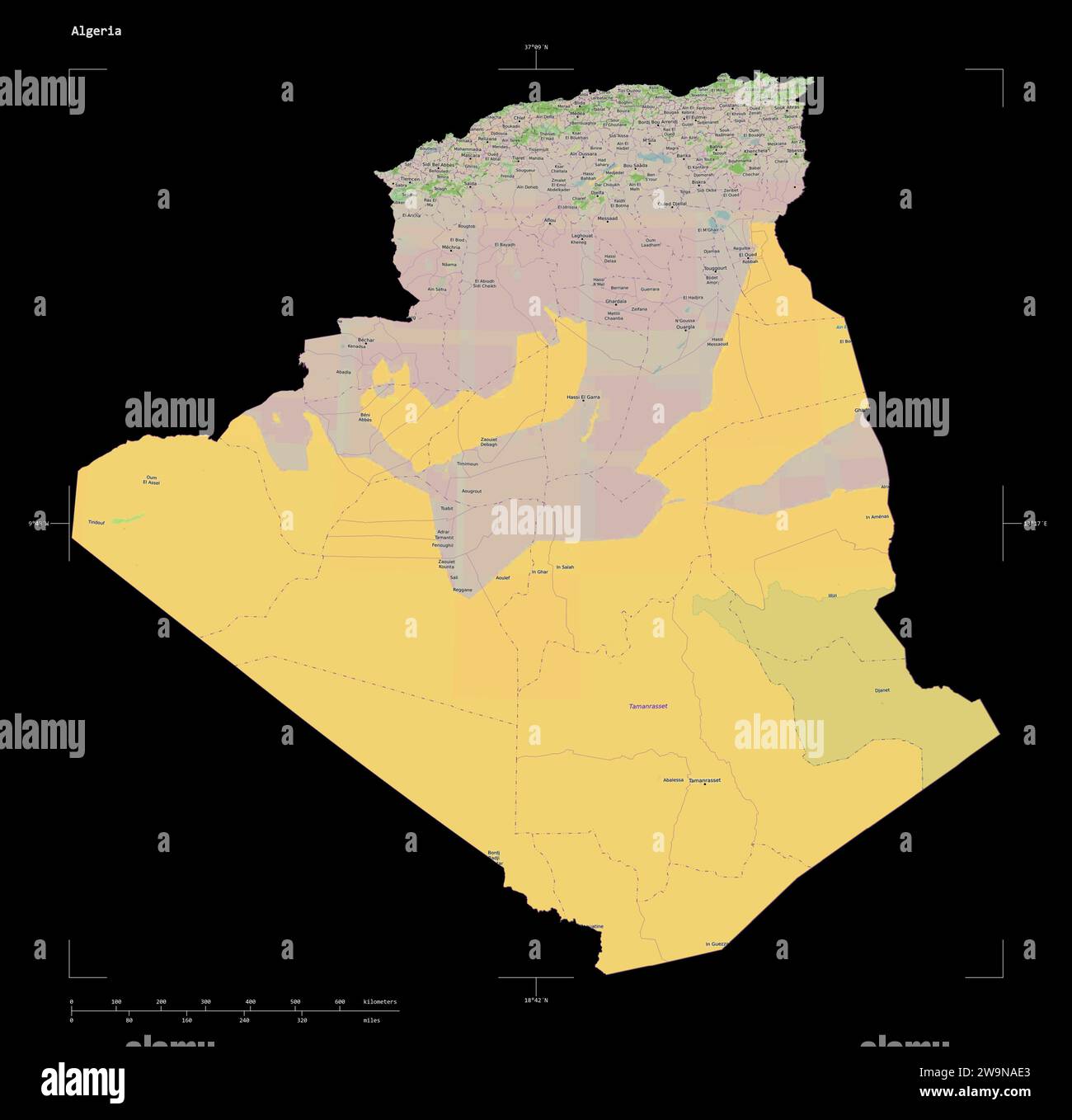 Shape of a topographic, OSM France style map of the Algeria, with ...