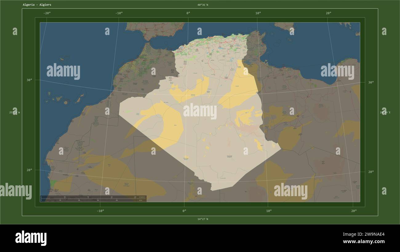 Algeria highlighted on a topographic, OSM Germany style map map with ...
