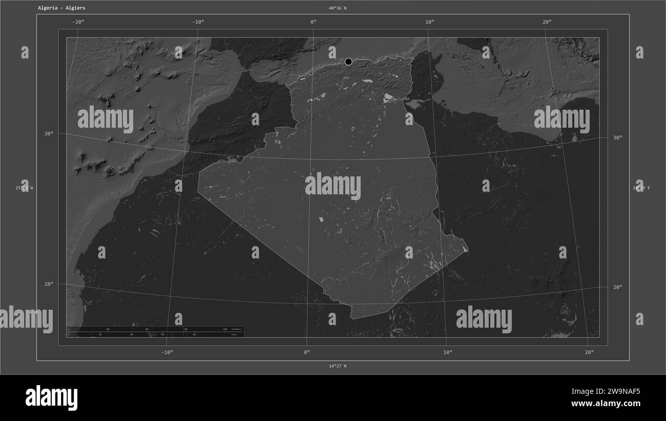 Algeria highlighted on a Bilevel elevation map with lakes and rivers ...