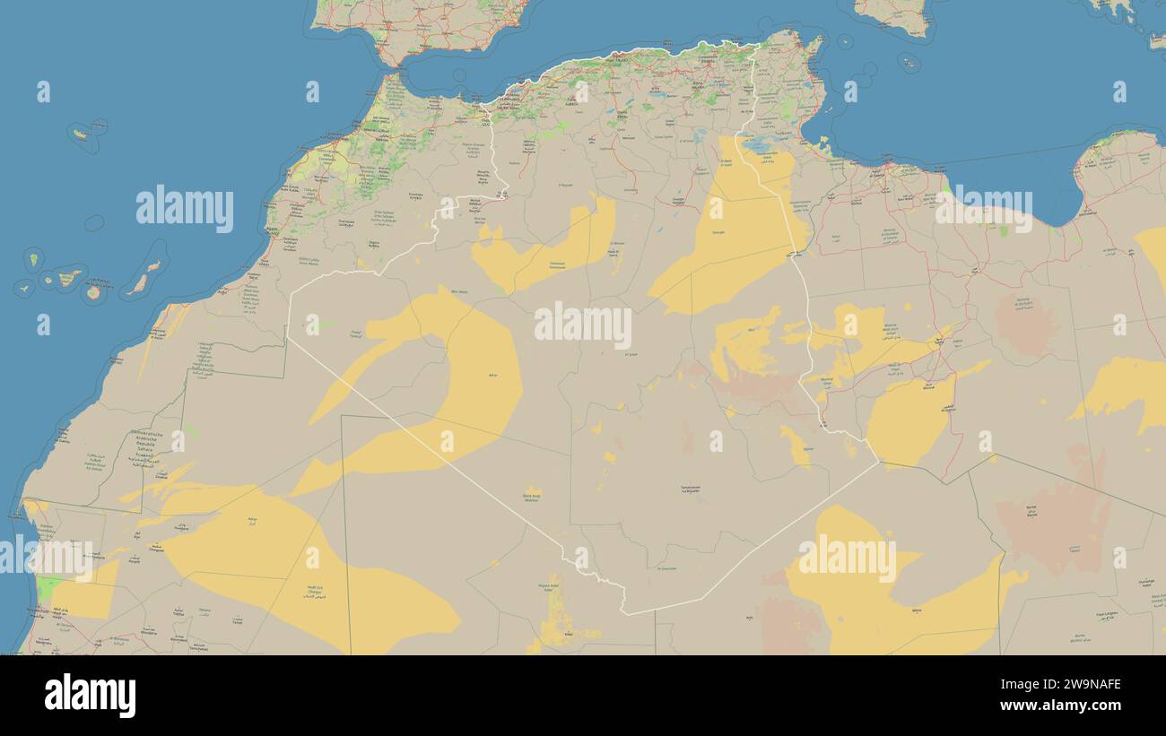 Algeria outlined on a topographic, OSM Germany style map Stock Photo ...