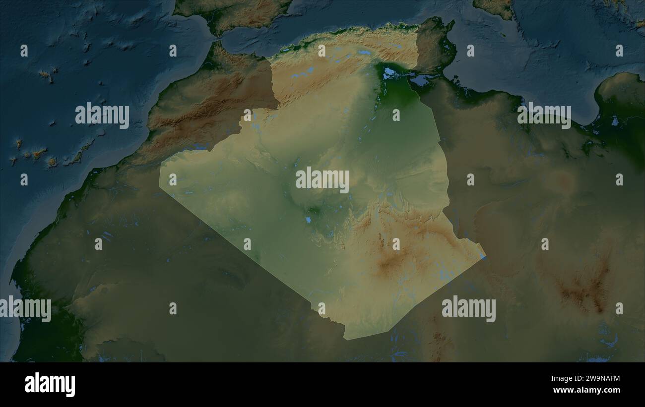 Algeria highlighted on a Colored elevation map with lakes and rivers ...