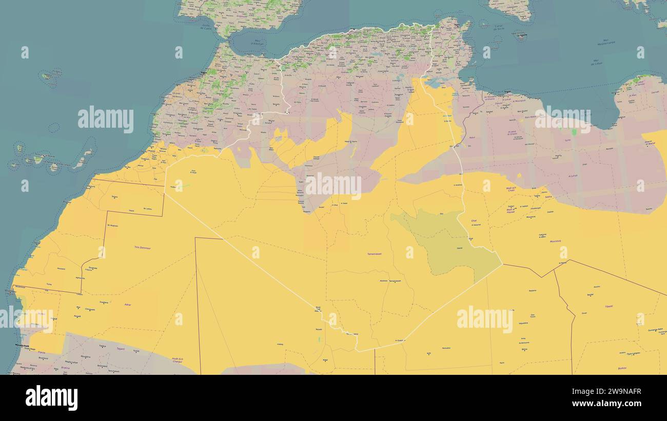 Algeria outlined on a topographic, OSM France style map Stock Photo - Alamy