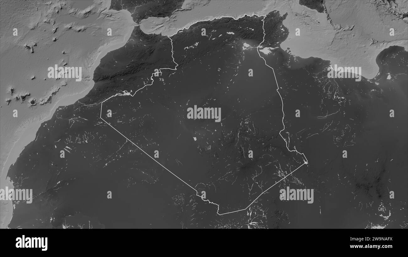 Algeria outlined on a Grayscale elevation map with lakes and rivers ...