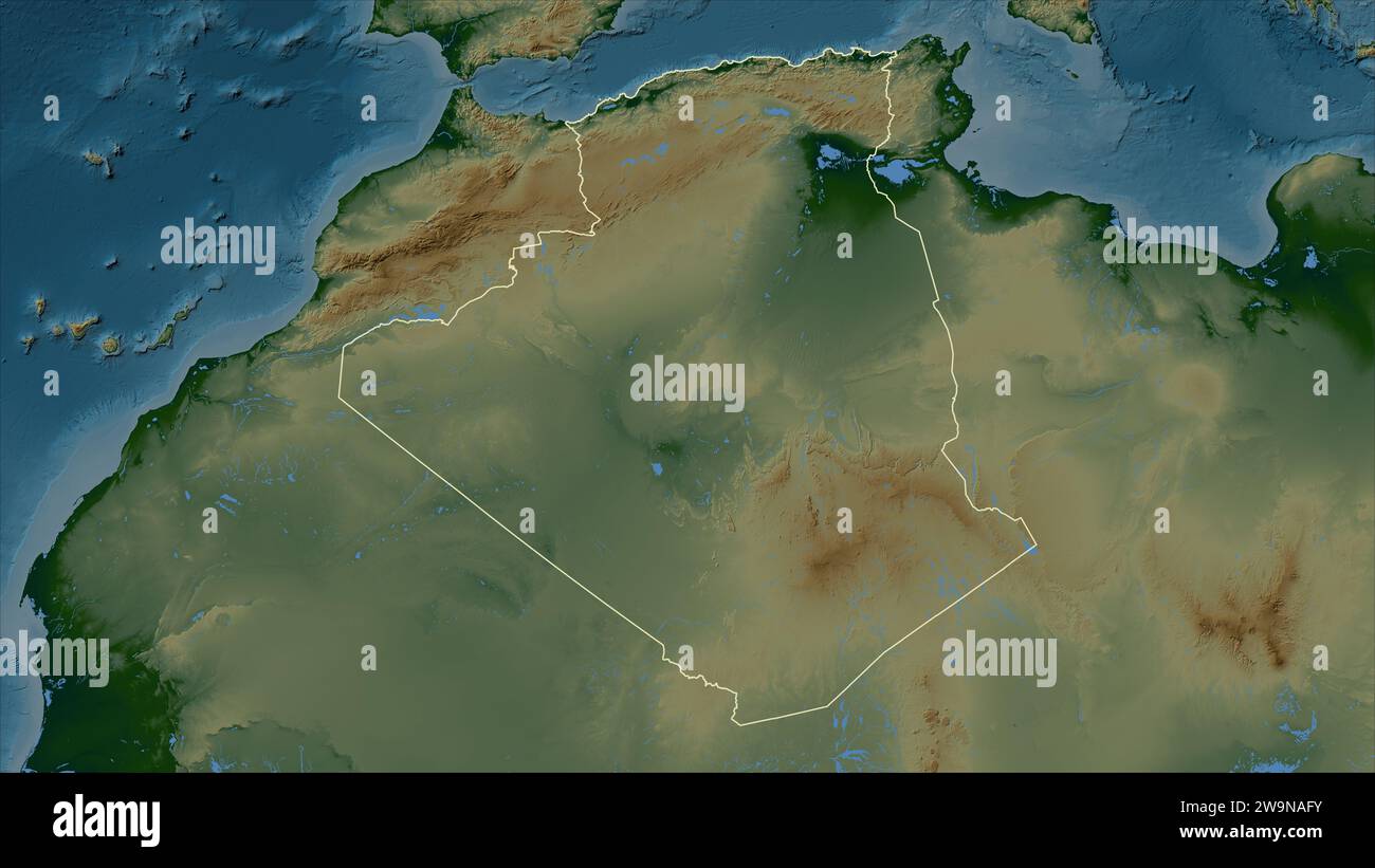 Algeria outlined on a Colored elevation map with lakes and rivers Stock ...