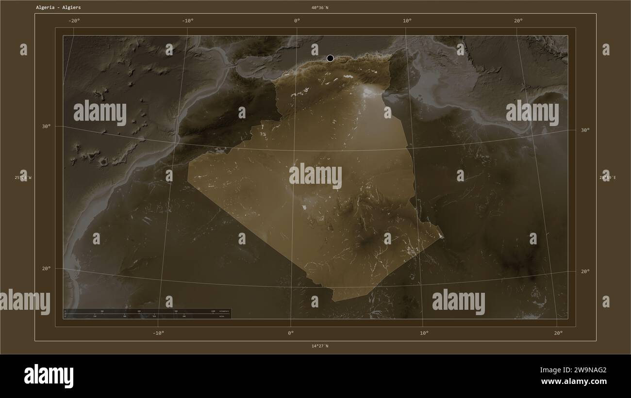 Algeria highlighted on a elevation map colored in sepia tones with ...