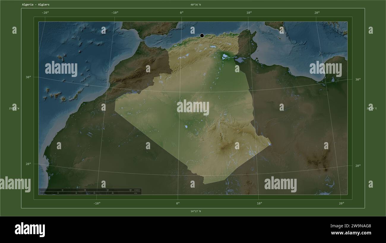 Algeria highlighted on a Pale colored elevation map with lakes and ...