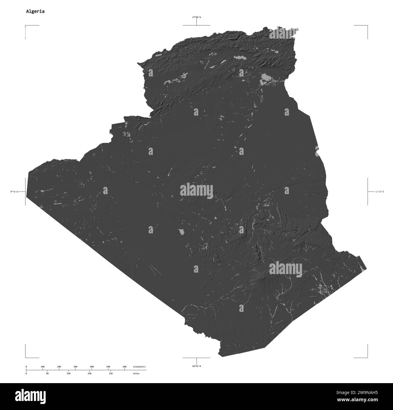 Shape of a Bilevel elevation map with lakes and rivers of the Algeria ...