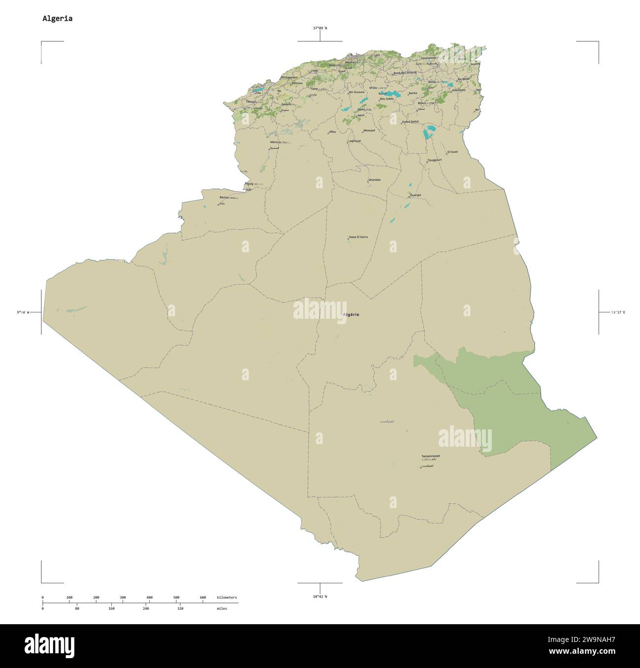 Shape of a topographic, OSM Humanitarian style map of the Algeria, with ...