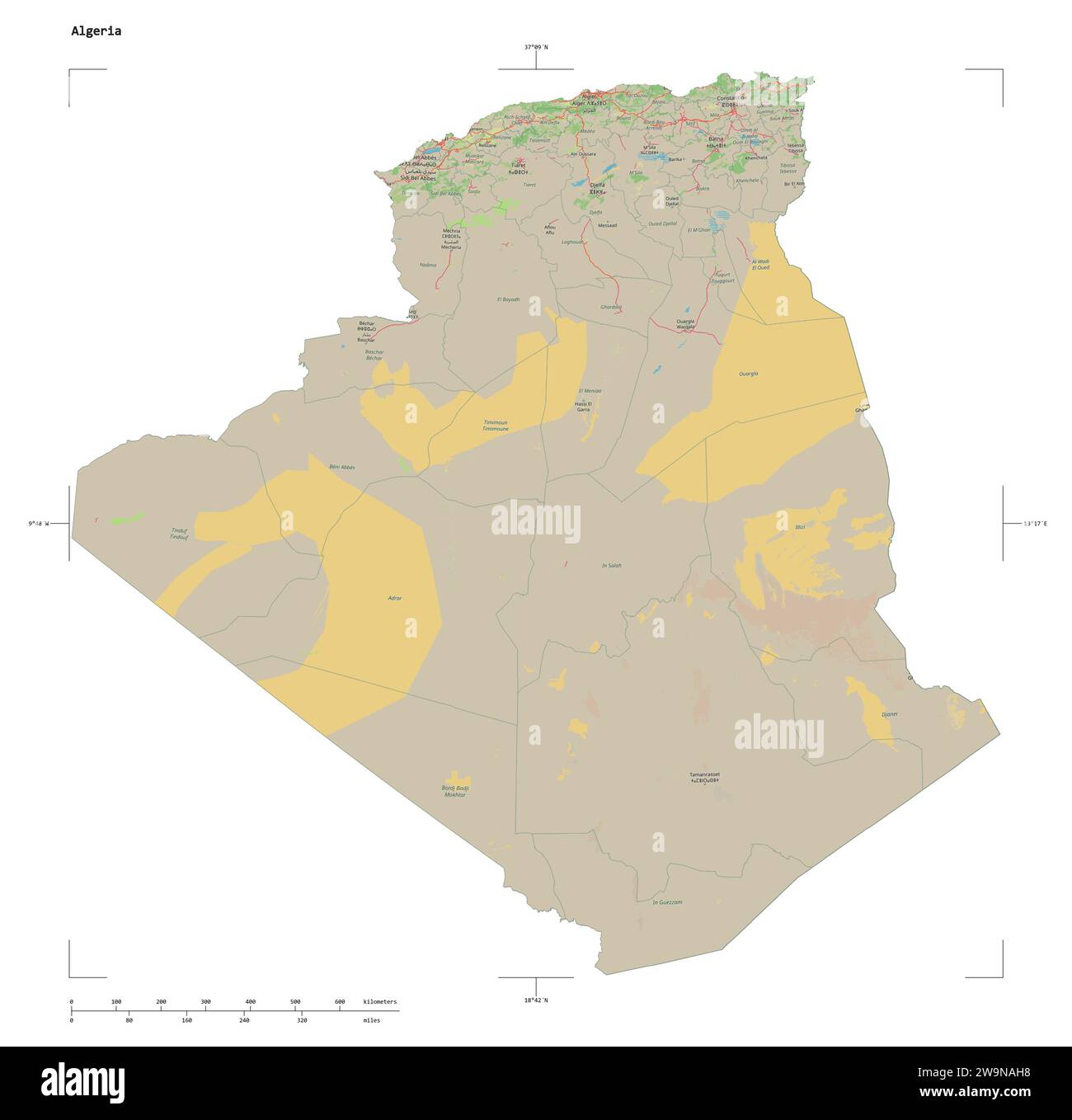 Shape of a topographic, OSM Germany style map of the Algeria, with distance scale and map border ...
