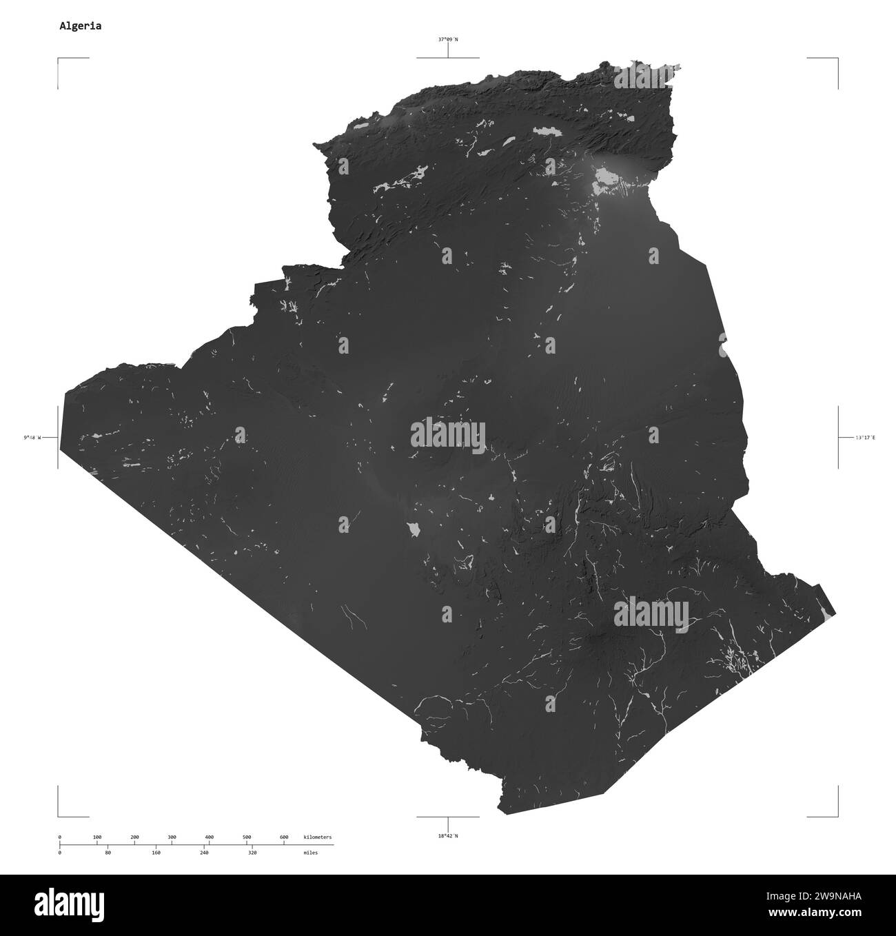 Shape of a Grayscale elevation map with lakes and rivers of the Algeria ...