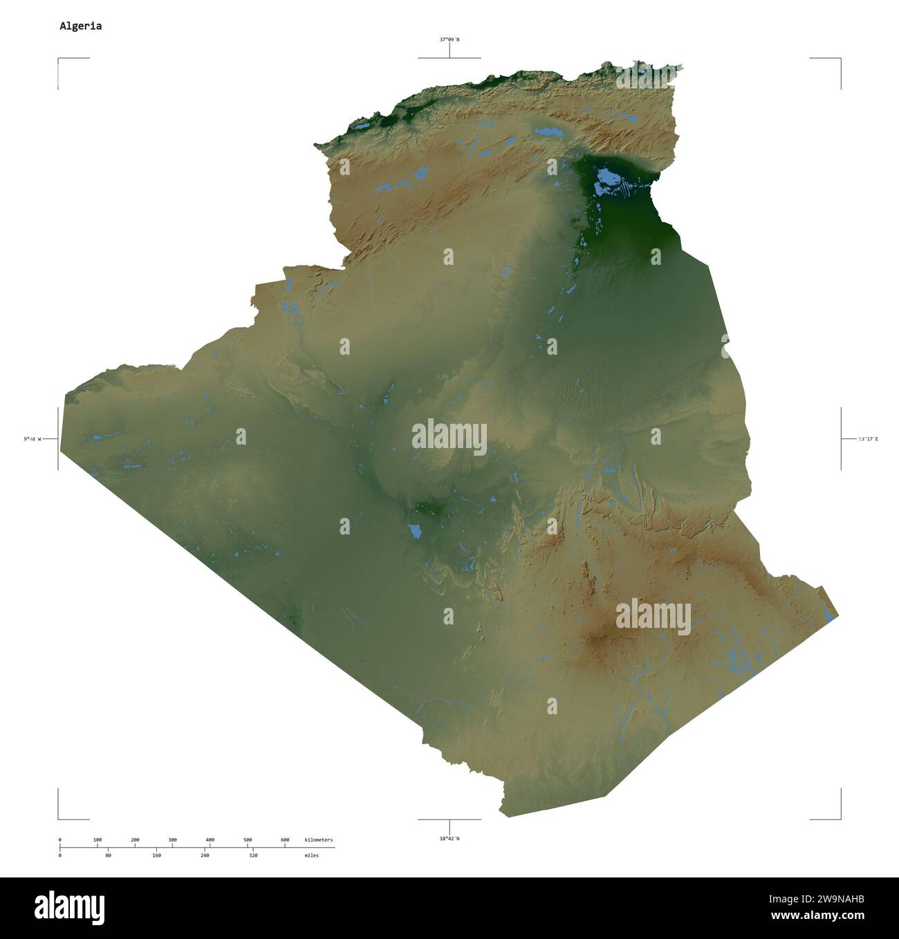 Shape of a Colored elevation map with lakes and rivers of the Algeria ...