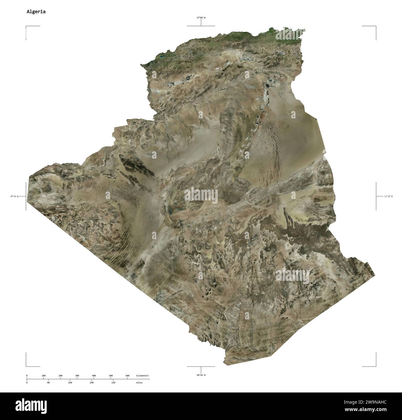 Shape of a high resolution satellite map of the Algeria, with distance ...