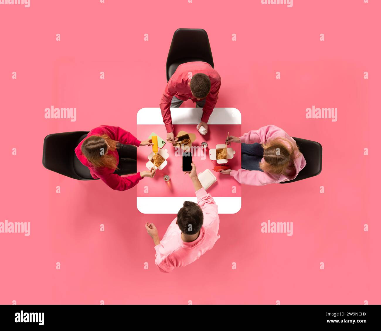 Creative collage. Aerial view of young people, colleagues eating ...