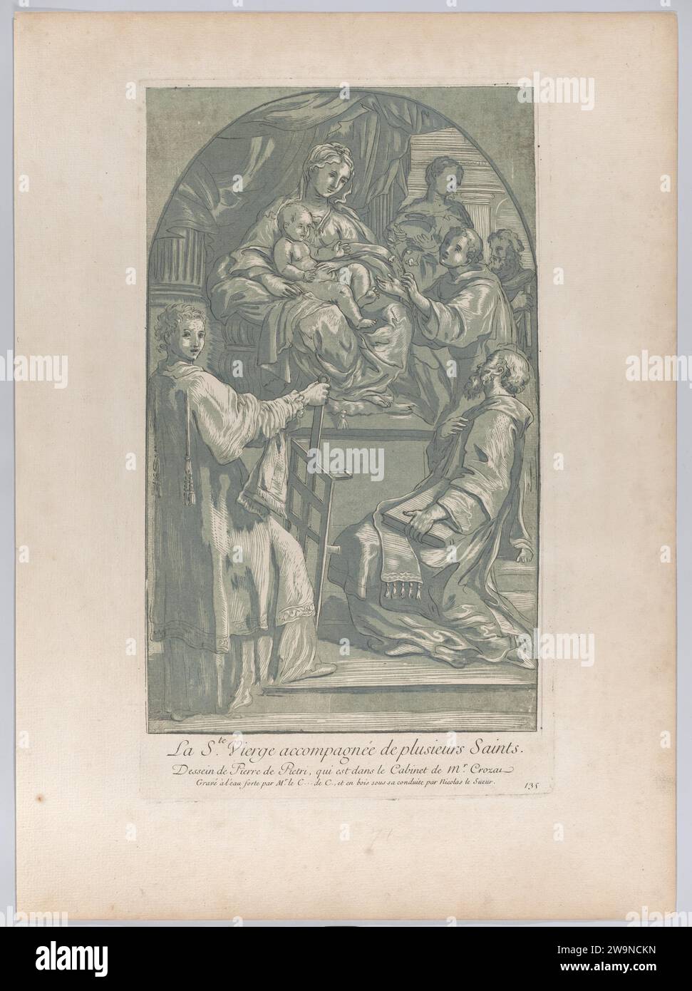 The Virgin and Child seated on a pedestal at center, to the right a ...