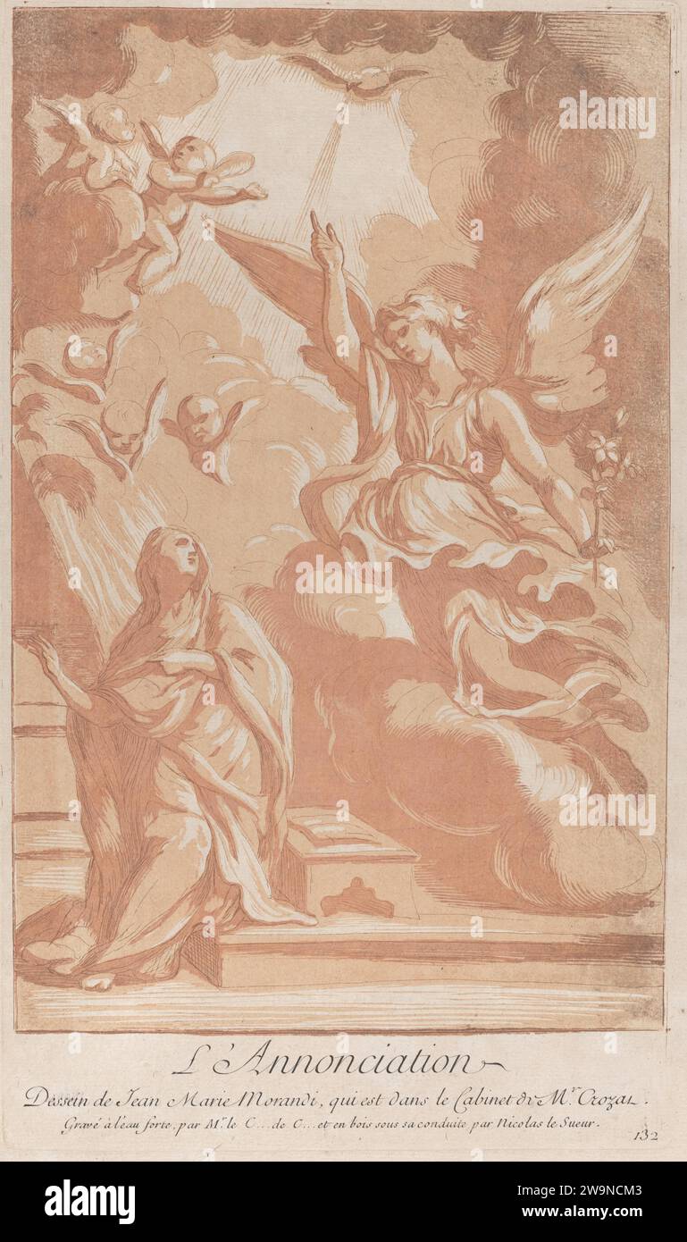 The Annunciation with the Virgin kneeling at left and Gabriel appearing ...