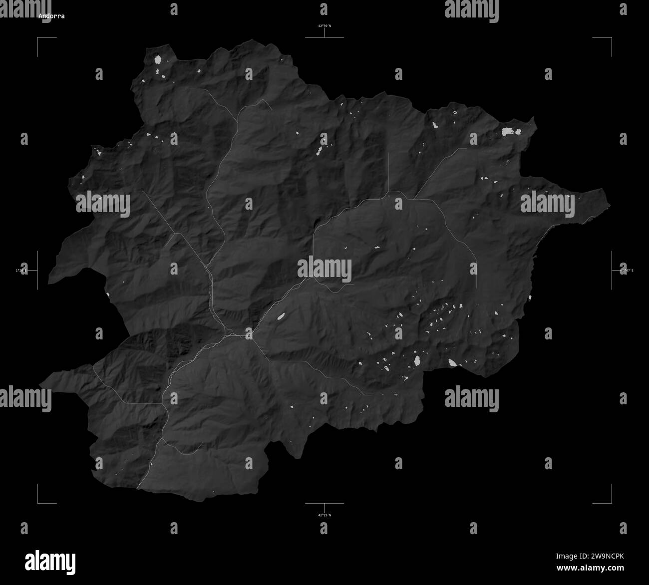 Shape of a Grayscale elevation map with lakes and rivers of the Andorra ...