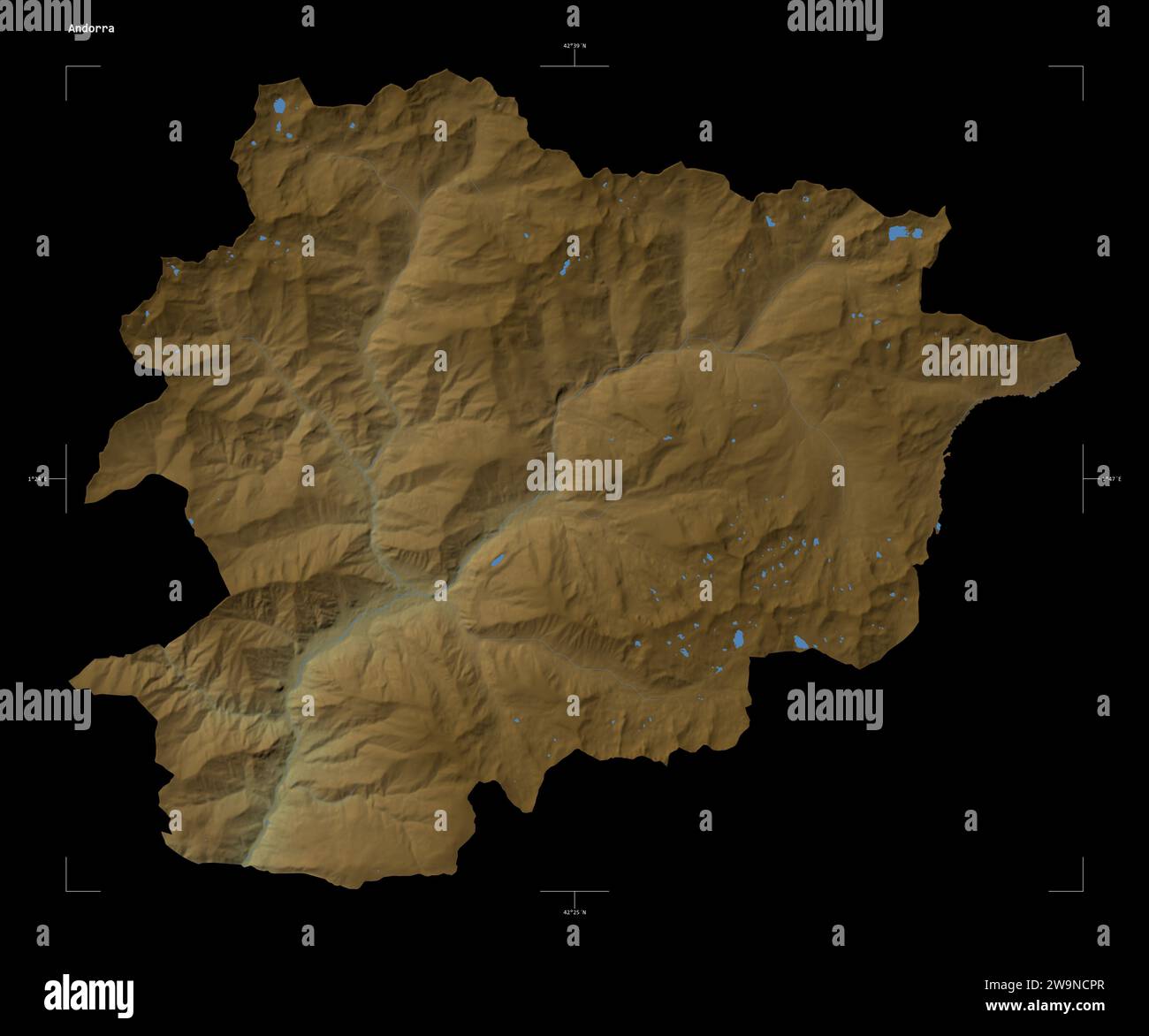 Shape of a Colored elevation map with lakes and rivers of the Andorra ...