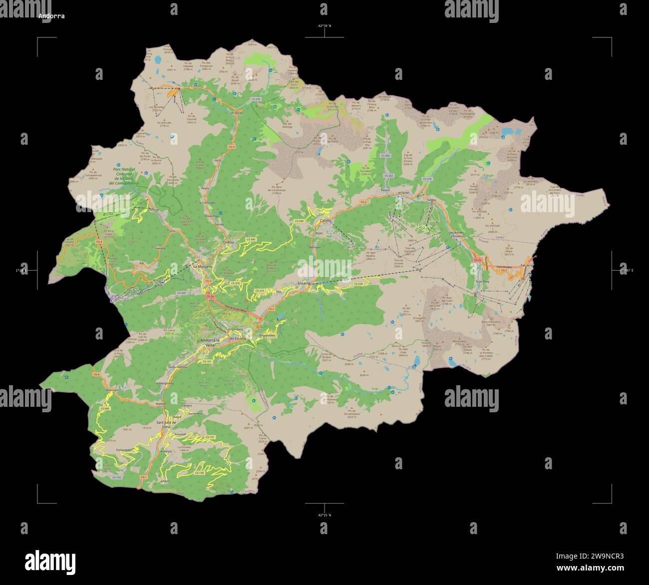 Shape of a topographic, OSM standard style map of the Andorra, with ...