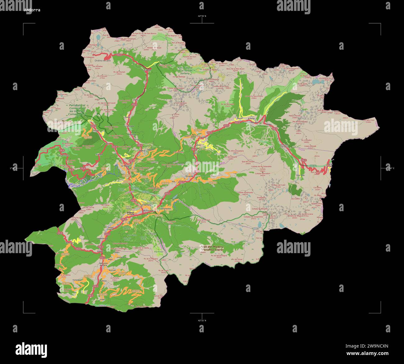 Shape of a topographic, OSM France style map of the Andorra, with ...