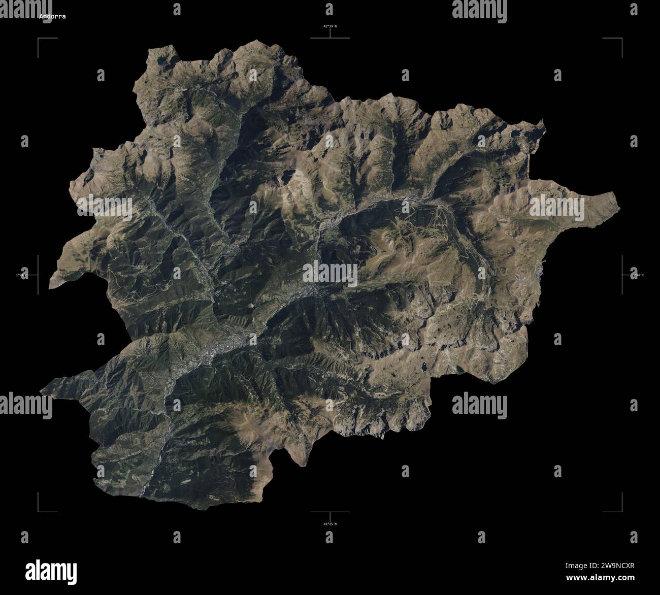 Shape of a high resolution satellite map of the Andorra, with distance ...