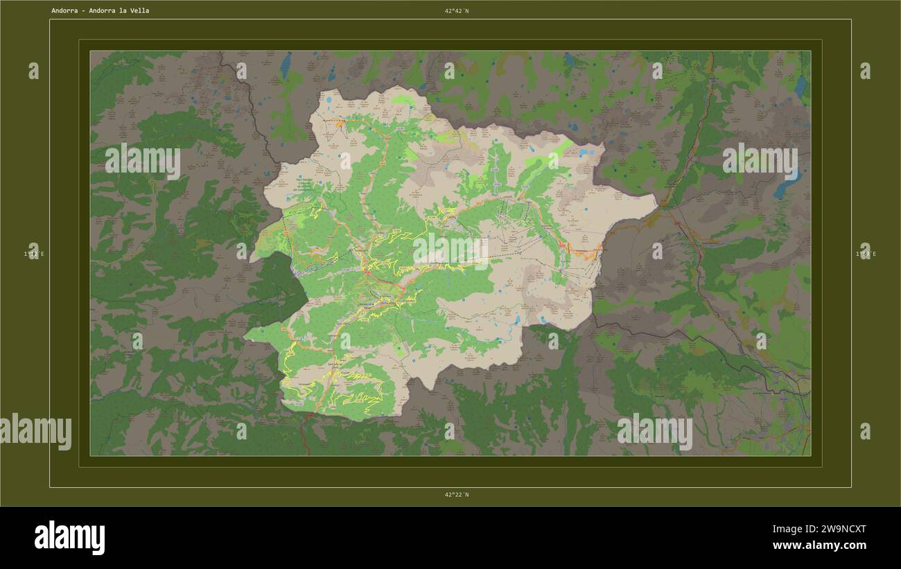 Andorra highlighted on a topographic, OSM standard style map map with the country's capital ...