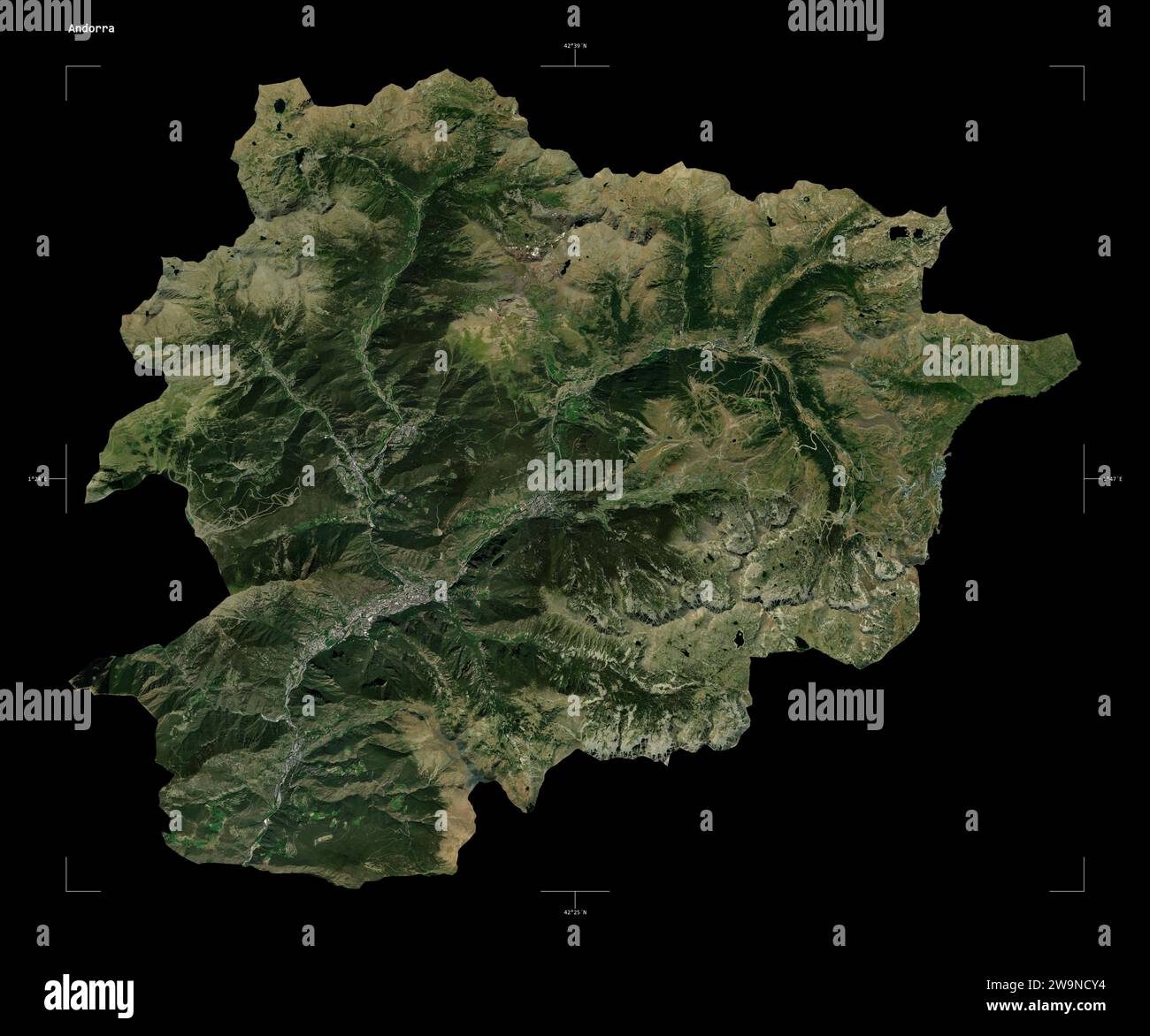 Shape of a low resolution satellite map of the Andorra, with distance ...