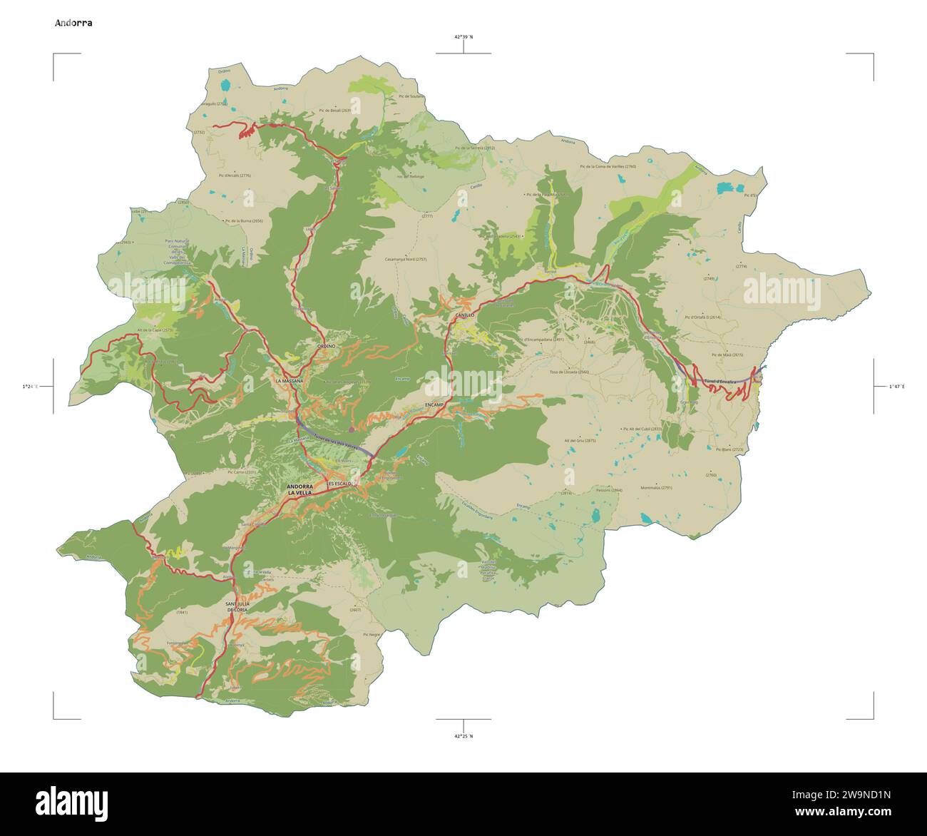 Shape of a topographic, OSM Humanitarian style map of the Andorra, with ...