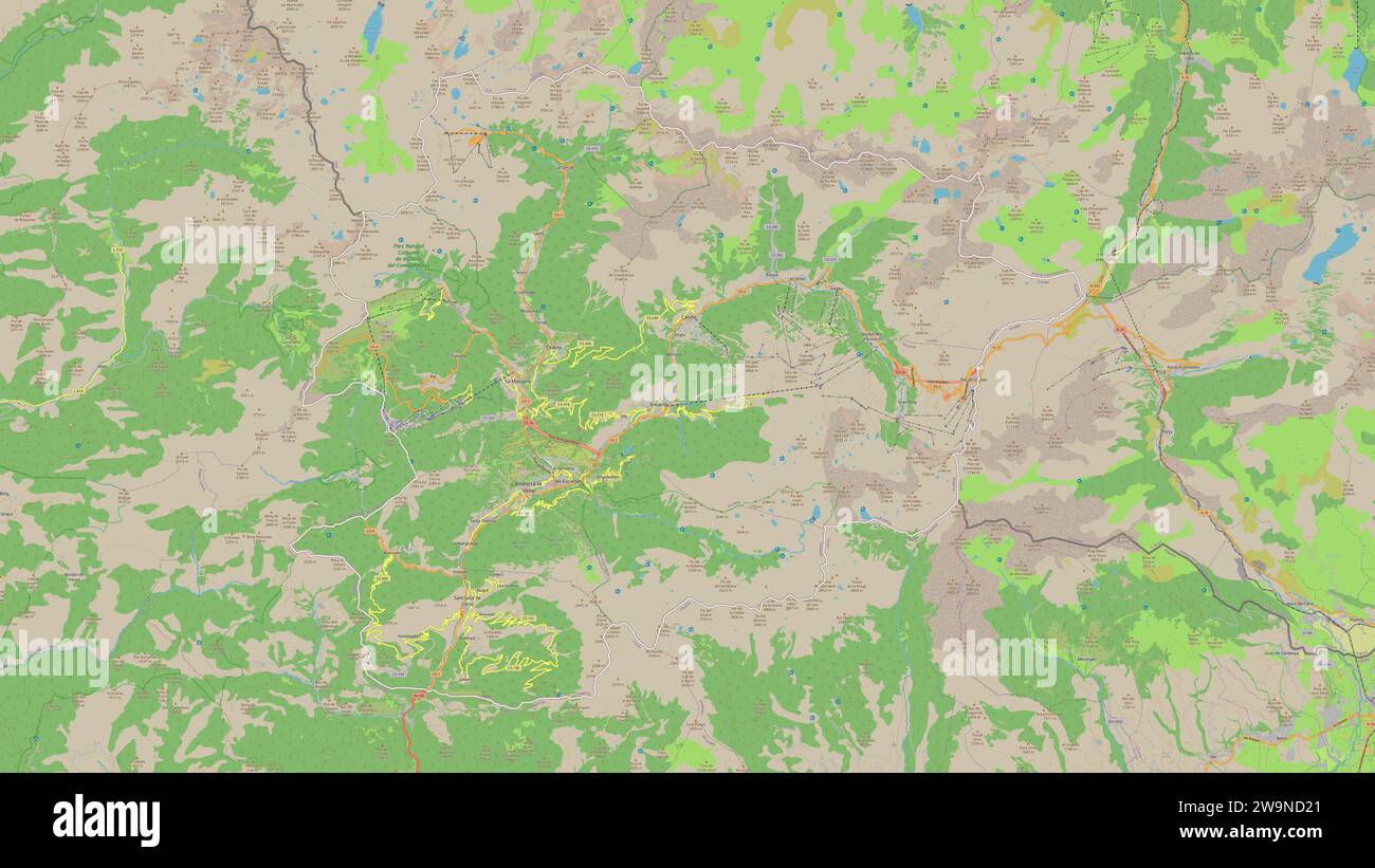 Andorra outlined on a topographic, OSM standard style map Stock Photo ...